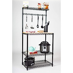 Omega 18" Deep x 42" Wide x 74" High Deluxe Black Bakers Rack with Top Shelf & Butcher Block