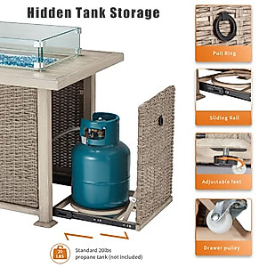 GYUTEI 50,000 BTU Auto-Ignition Gas Fire Table, 44in Propane Fire Pit Table with CSA Certification, 2 Hidden Side Hooks, 1 Glass Wind Guard, Aluminum Hand-Painted Table Top for Outside Patio (Gray)