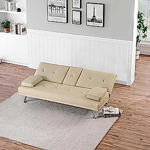 KNAMOTL 67" Double Folding Sofa Bed with Coffee Table, Modern Multifunctional Leather Sofa Chair with Metal Leg and Removable Armrests for Living Room Small Space Living (Beige)