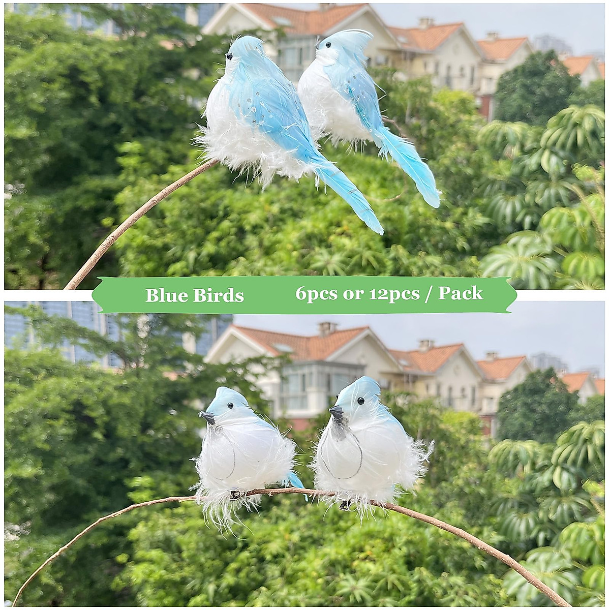 LWINGFLYER 6pcs Realistic Blue Jay Birds Clip on Ornaments Artificial Feathered Birds for Christmas Tree Decoration Wreaths Craft