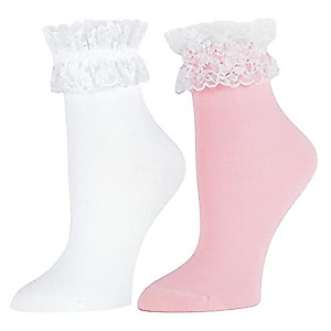 RMSWEETYIL Lace Ruffle Frilly Socks for Women, Cute Lace Ankle Socks (2 Pairs-white+pink)