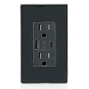 Leviton T5633-E 15-Amp Type A & Type-C USB Charger/Tamper Resistant Outlet, Not for Laptops, Black