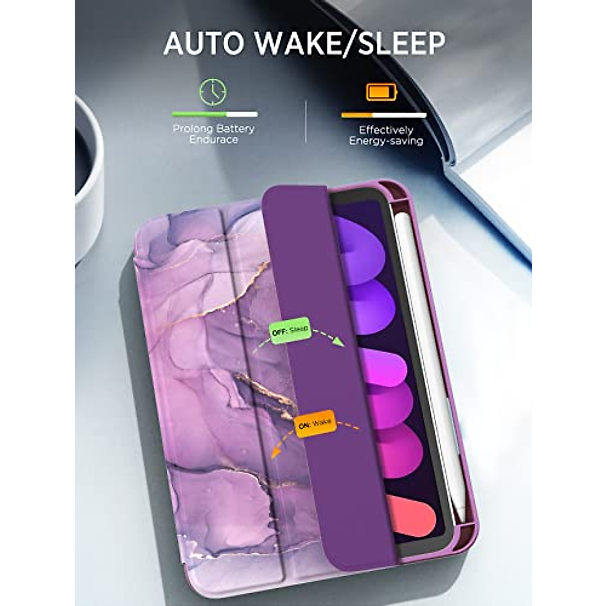 MoKo Case Fit New iPad Mini 6 Case with Pencil Holder (6th Gen 8.3 inch 2021), Soft TPU Frame Hard PC Clear Transparent Back Shell Smart Cover for iPad Mini 6 2021, Auto Wake/Sleep, Marble Gold Purple