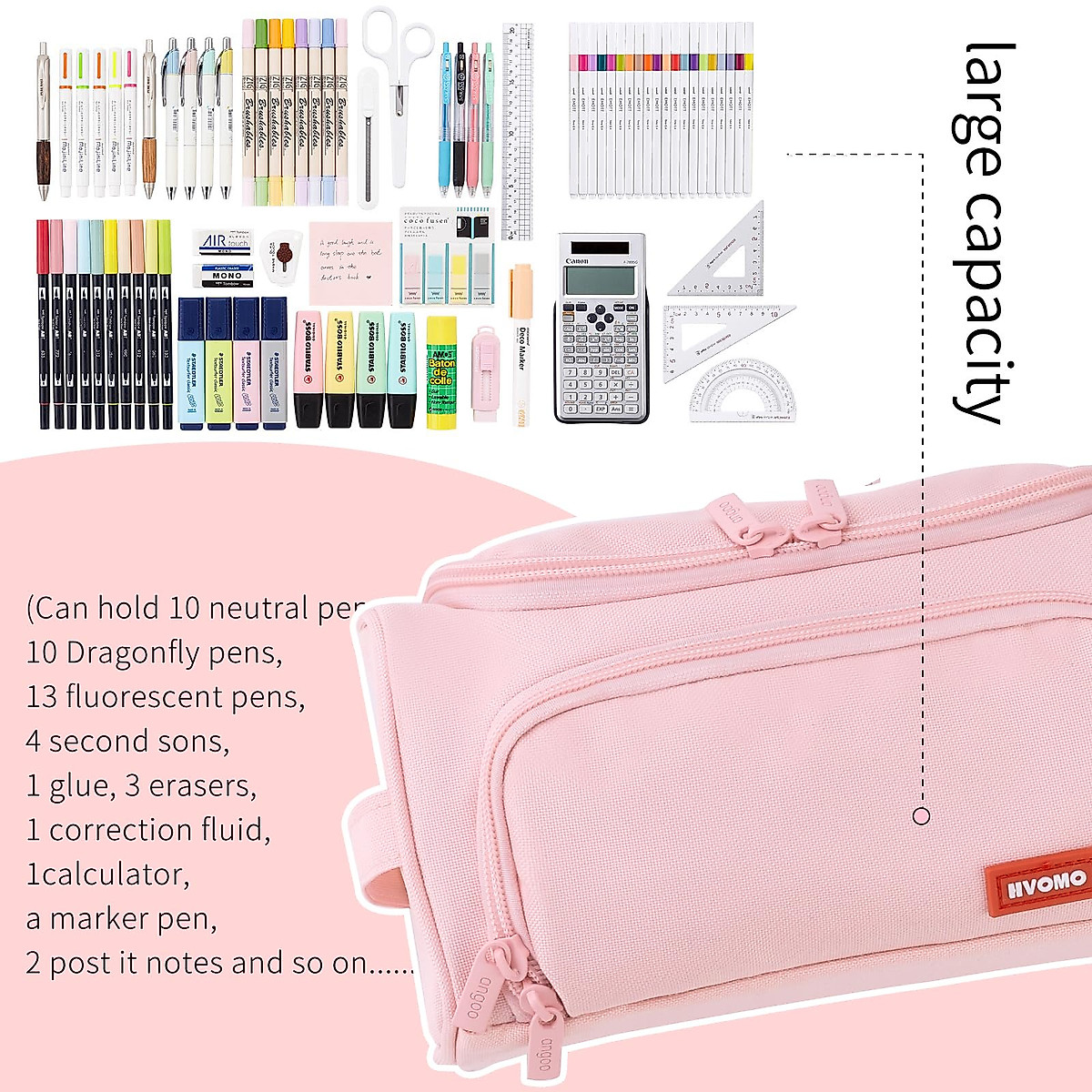 HVOMO Big Capacity Pencil Case High Large Storage Pouch Marker Pen Case Travel Simple Stationery Bag School College Office Organizer for Teens Girls Adults Student（Pink）