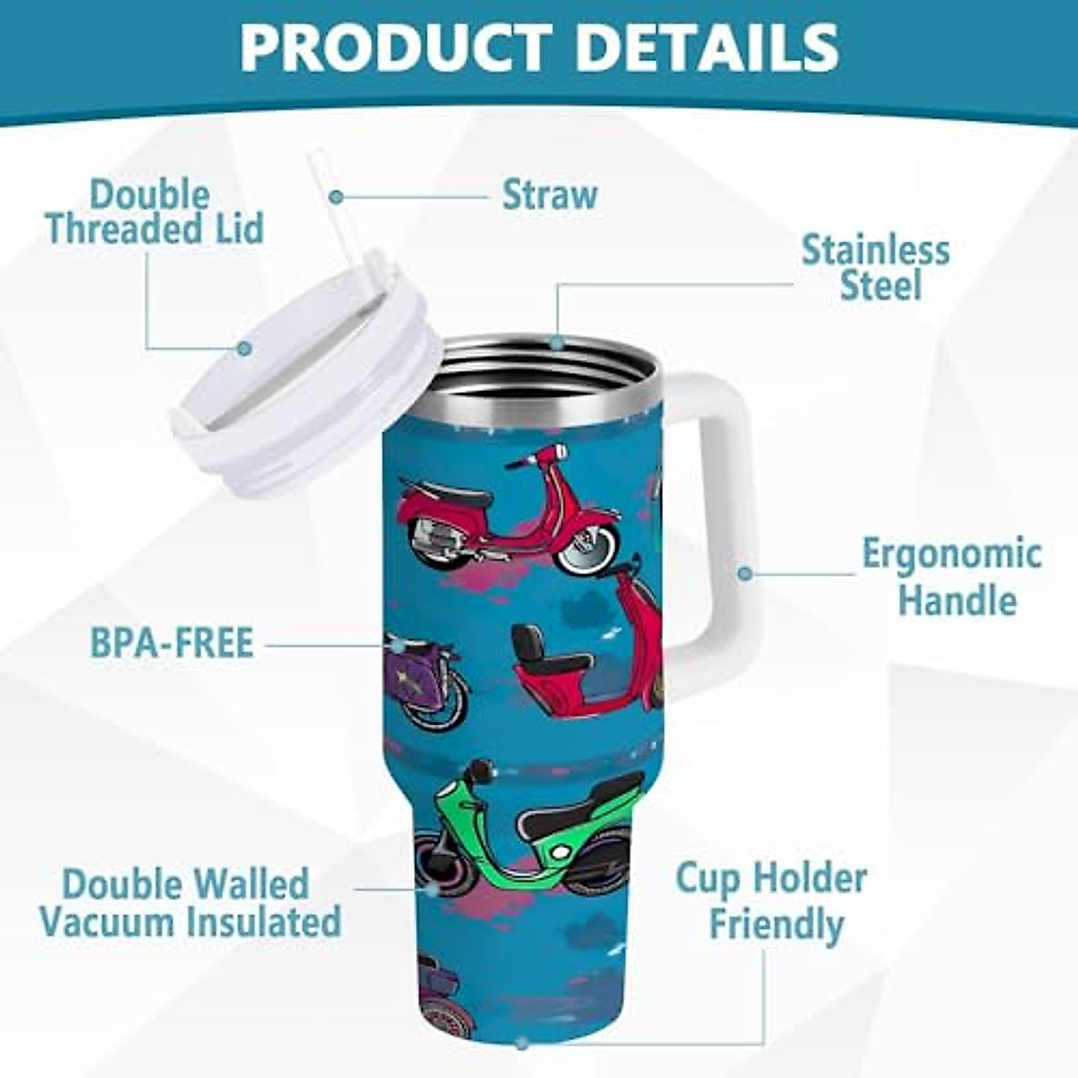RPLIFE Lively Motorcycles Blue Tumbler Cup, Stainless Steel Bottle, Coffee Tumbler with Straw
