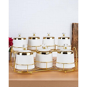 Acar White Gold7 Pcs Spice Bowls Porcelain Condiment Pots, Porcelain Spice Jar, Porcelain Seasoning Jar with Metal Stand