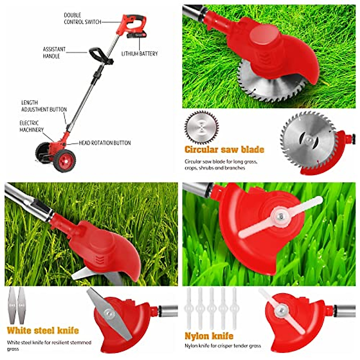 [US Warehouse] Fairnull 24V 6000mAh Weed Trimmer Cordless Electric Weed Eater, 3-in-1 Grass Trimmer/Edger Lawn Tool/Brush Cutter, Push Wheeled No String Trimmer Lawn Mower for Garden & Yard