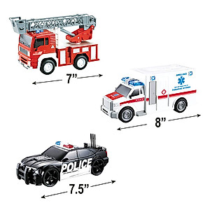 Dazmers Friction Powered City Hero Play Set Including Fire Engine Truck, Ambulance, Police Car for Kids, Boys and Girls - 3-Pack Emergency Vehicles with Light and Sound
