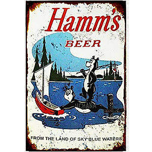 Vintage Metal Tin Sign Hamms Beer Bear Fishing Lake Boat tin Metal Sign 8x12 inches