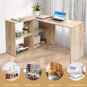 FurnitureR Home Office L-Shaped Computer Desk with Storage Shelves, 47" and 35" Corner Desk Space-Saving Writing Table Gaming PC Workstation (Light Brown)