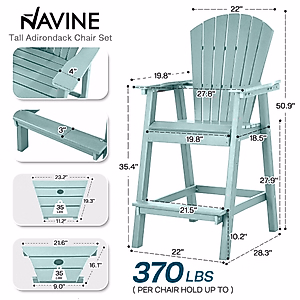NAVINE Tall Adirondack Chairs Set of 2, HDPE Balcony Chair with Double Connecting Tray, Weather Resistant Outdoor Adirondack Bar Stools for Patio, Deck, Patio, Backyard, Balcony.(Blue)