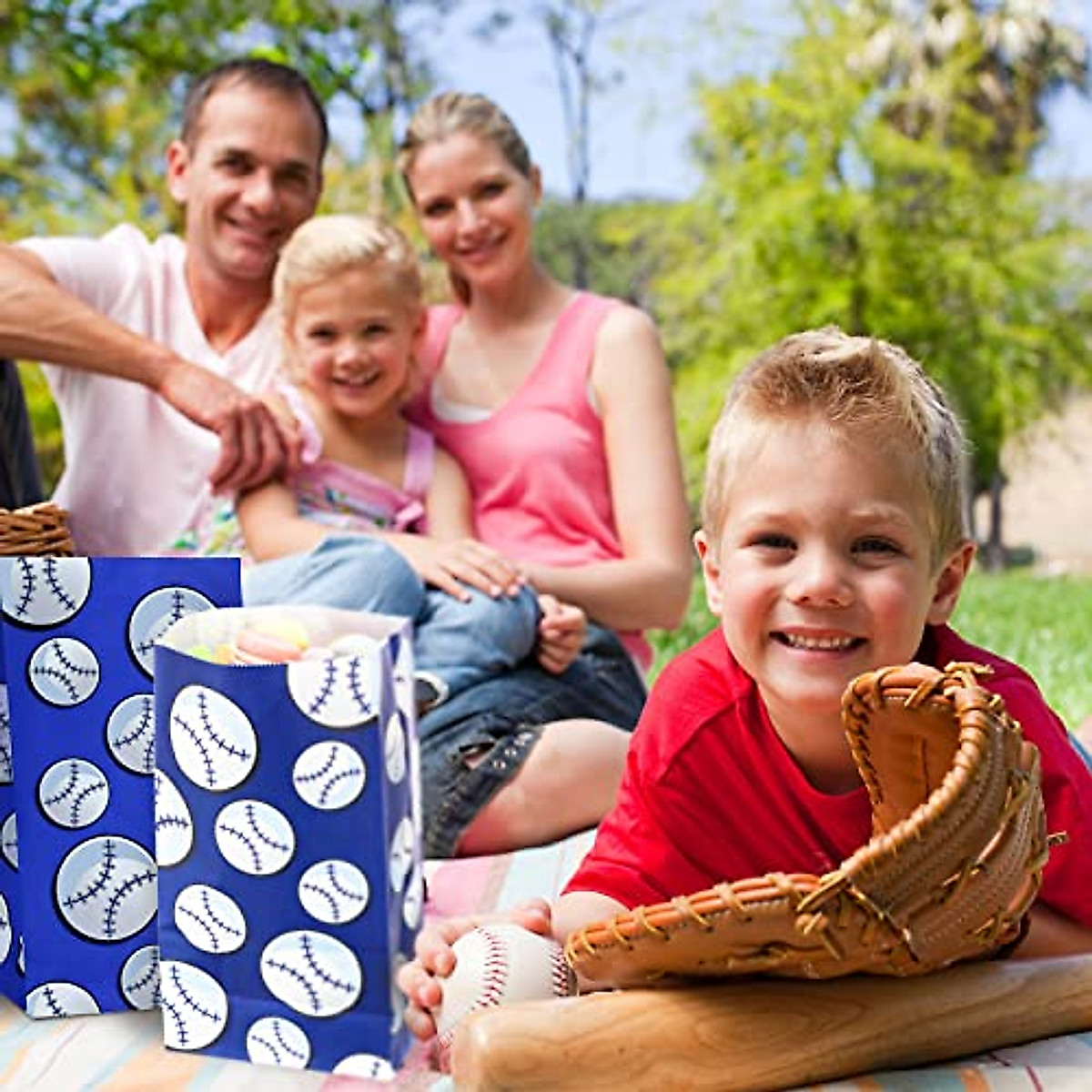 30 Pack Baseball Goodie Gift Bags Baseball Party Treat Favor Bags Blue Baseball Snack Paper Bags for Team Sports Theme Birthday Party Decor Game Celebration