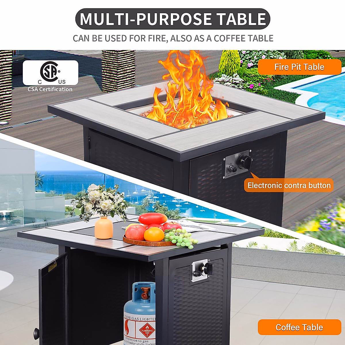 Lviden 7 Pieces Outdoor Patio Furniture Set, Black Wicker Sectional Couch, PE Rattan Conversation Sofa Set with Red Cushions and 5000 BTU Fire Pit Table