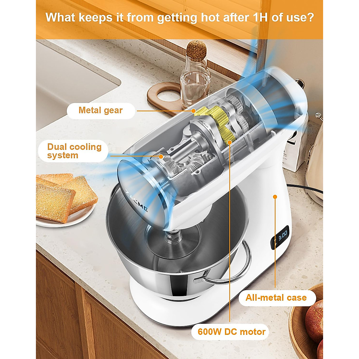 ZACME Mixers Kitchen Electric Stand Mixer, Aluminum die casting and Gears, 1 Hour Continuous Operation, Dual Cooling System, Low Noise DC Motor, LED Display and Timing Function, 600W 5.5QT, Food Grade