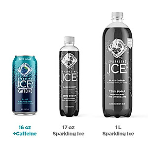 Sparkling Ice +Caffeine Blue Raspberry Sparkling Water, with Antioxidants and Vitamins, Zero Sugar, 16 Fl Oz (Pack of 12)