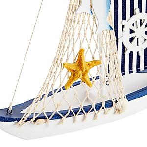 Juvale Sailboat Model Decoration - Wooden Sailing Boat Home Decor Set, Beach Nautical Design, Navy Blue and White with Ship's Wheel, 13 x 15 x 3 Inches
