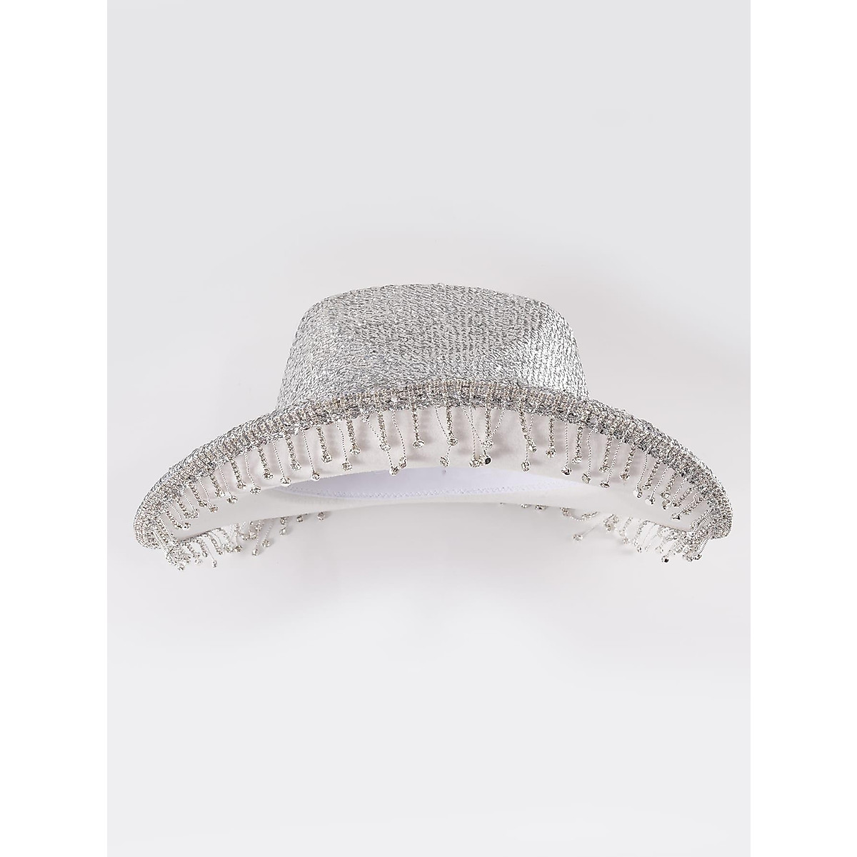 QWINEE Cowboy Hat for Adult Wide Brim Solid Color Western Cowboy Hat with Fringed Rhinestone Novelty Funny Party Cowgirl Hat Silver one-Size