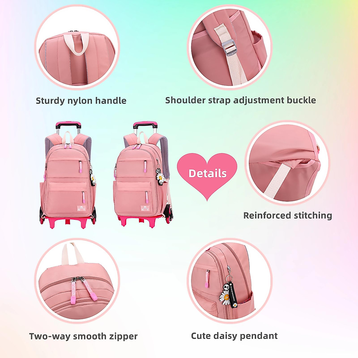 Rolling Backpack for Kids Elementary and Middle School Students with Wheel Travel Backpack Girls Solid Color School Bag