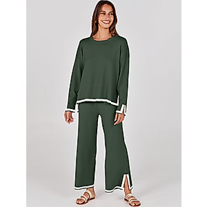 ANRABESS Women's Two Piece Outfits Long Sleeve Knit Pullover Sweater Tops & Wide leg Pants Casual Lounge Matching Sweatsuit Tracksuits Sets Army Green Large