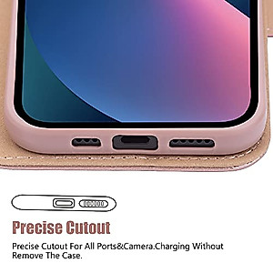 Arae Compatible with iPhone 13 Case[ Not for iPhone 13 Pro] with Card Holder and Wrist Strape Wallet Flip Cover for iPhone 13 6.1 inch-Rose Gold