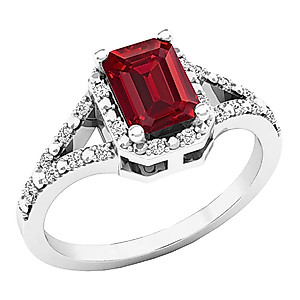 Dazzlingrock Collection 7x5mm Emerald Shape Lab Created Ruby & White Diamond Split Shank Engagement Ring for Women in 925 Sterling Silver Size 7