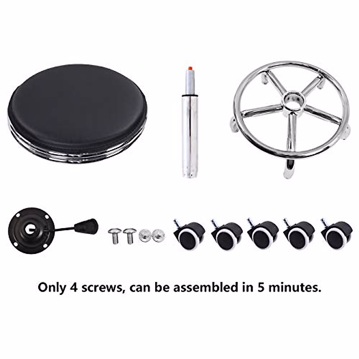 KKTONER Round Rolling Stool with Foot Rest PU Leather Height Adjustment Modern Industrial Metal Style Swivel Spa Salon Tattoo Work Massage Stools Small (Black)