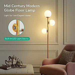 EDISHINE 69in Gold Modern Floor Lamp for Living Room, Upgraded Dimmable 3 Globe Mid Century Standing Lamps, Built-in LED, Frosted Glass Shade, Luna Tall Pole Lamp for Bedroom, Hotel -Antique Brass
