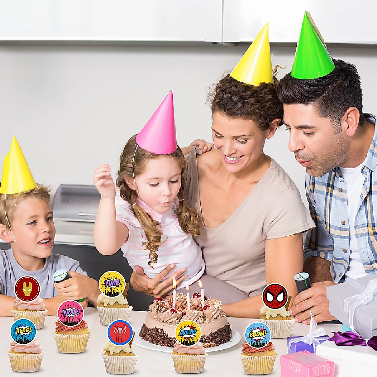 Superhero Cupcake Topper Birthday Party Favor, Superhero Cup Cake Decorations Supplies Finger Rings Gift for Anime Fans Kids (Superhero)