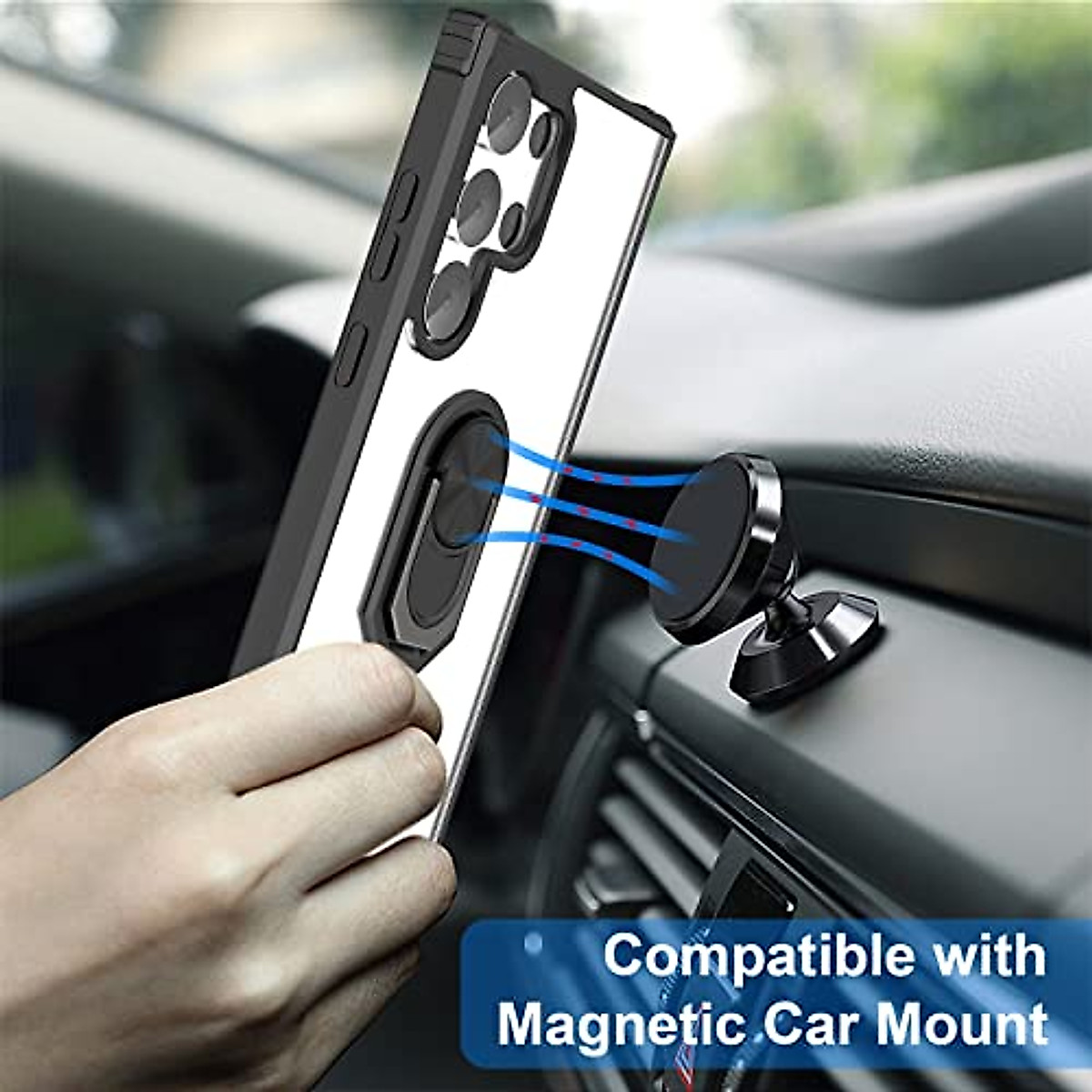 AOCOCEN Design for Galaxy S23 Ultra Case, Clear Crystal Hybrid Protective Rugged Case Cover [Ring Holder Kickstand][Magnetic Car Mount Feature] for Samsung Galaxy S23 Ultra 5G(Clear+Black)