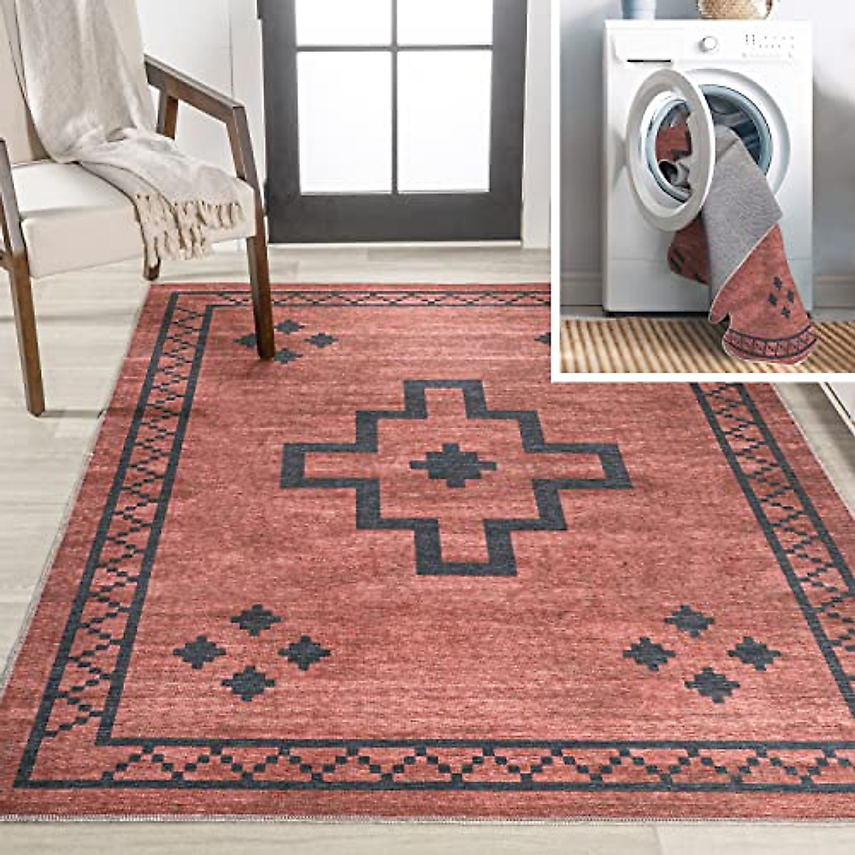 JONATHAN Y WSH118A-5 Korsa Geometric Medallion Machine-Washable Indoor Area -Rug, Bohemian Southwestern Rustic Easy -Cleaning,Bedroom,Kitchen,Living Room,Non Shedding, Brown/Navy, 5 X 8