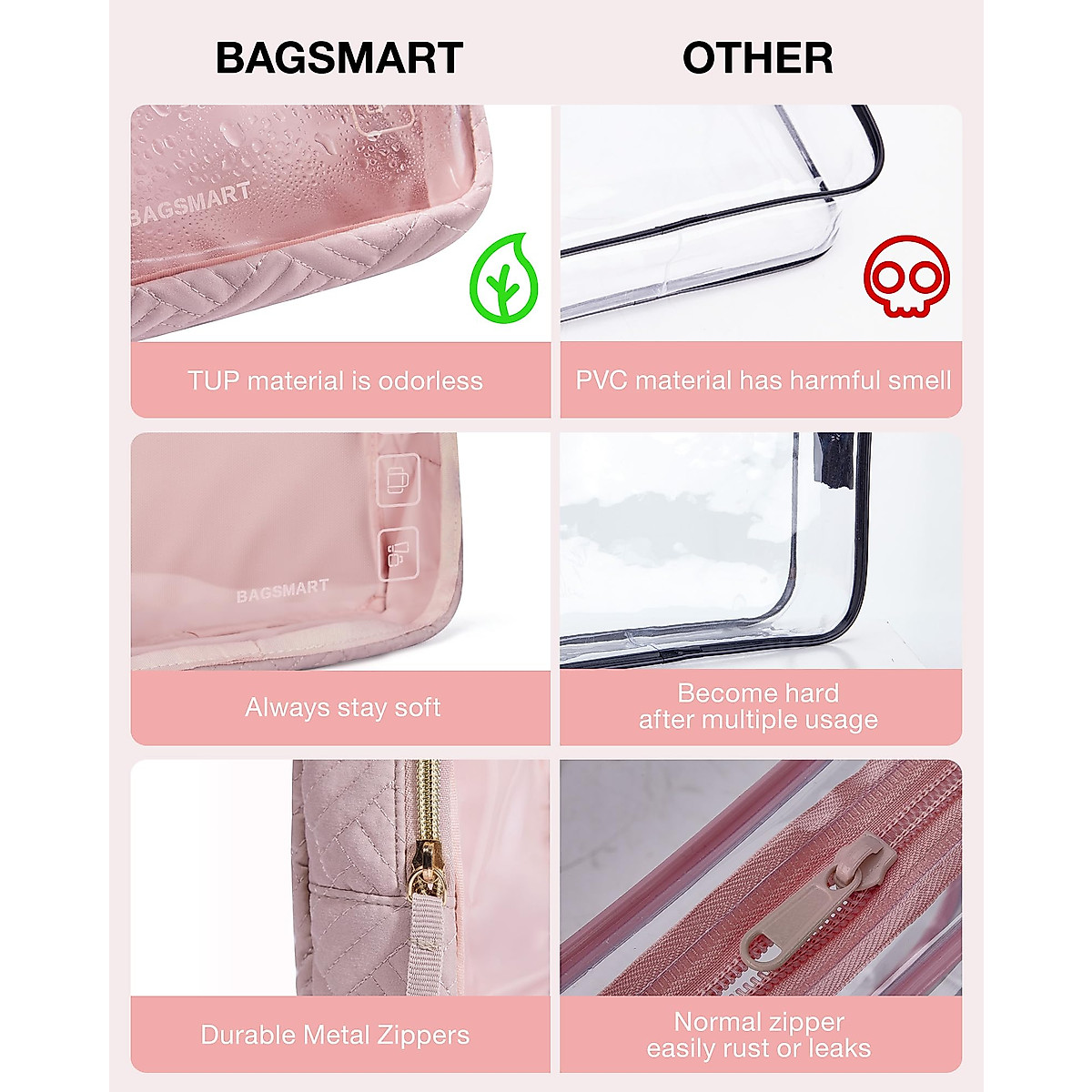 BAGSMART TSA Approved Toiletry Bag, 2 Pack Clear Makeup Cosmetic Bag Organizer, Quart Size Travel Bag for Toiletries, Carry-on Travel Accessories Essentials - Pink