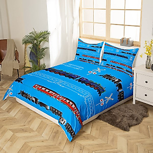 Feelyou Train Kids Boys Duvet Cover Retro Steam Engine Toddler Bedding Set for Teens Railway Track Transport Comforter CoverRed Blue Black Decor Quilt Cover Room 3Pcs Queen Size,Zipper…