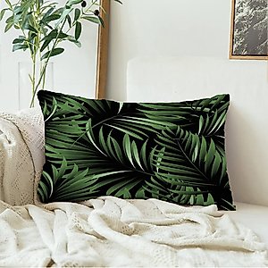 Decorative Rectangle Throw Lumbar Pillow Cover Velvet Frond Palm Artwork Tropical Plant Leaves Natural Climate Design Branch Subtropical Bush Garden Cushion Case for Sofa Bedroom Car 12x20 Inch