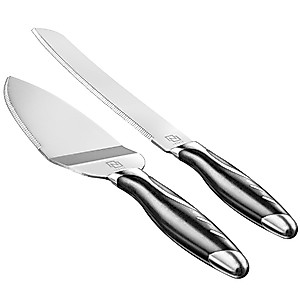 LUSHIG Wedding Cake Knife and Server Set, Stainless Steel Cake Serving Set with Non Slip Swirl Grip, One Piece Construction Cake Cutter Slicer And Server Spatula For Weddings, Anniversaries, Birthday