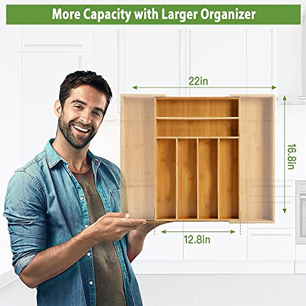 Bellsal Large Kitchen Drawer Organizer 22 In Wide Silverware Organizer Expandable Bamboo Utensil Organizer Silverware Tray for Large Cutlery 8 Slots