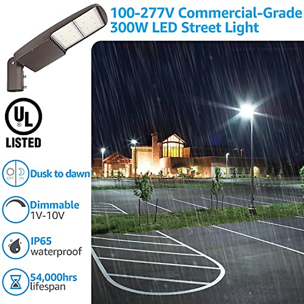LEONLITE 300W LED Parking Lot Light with Adjustable Slip Fitter, 42000LM 100-277V Commercial Shoebox Lights, Dimmable Dusk to Dawn Photocell Area Lighting, IP65 Street Pole Light, 5000K, UL Listed