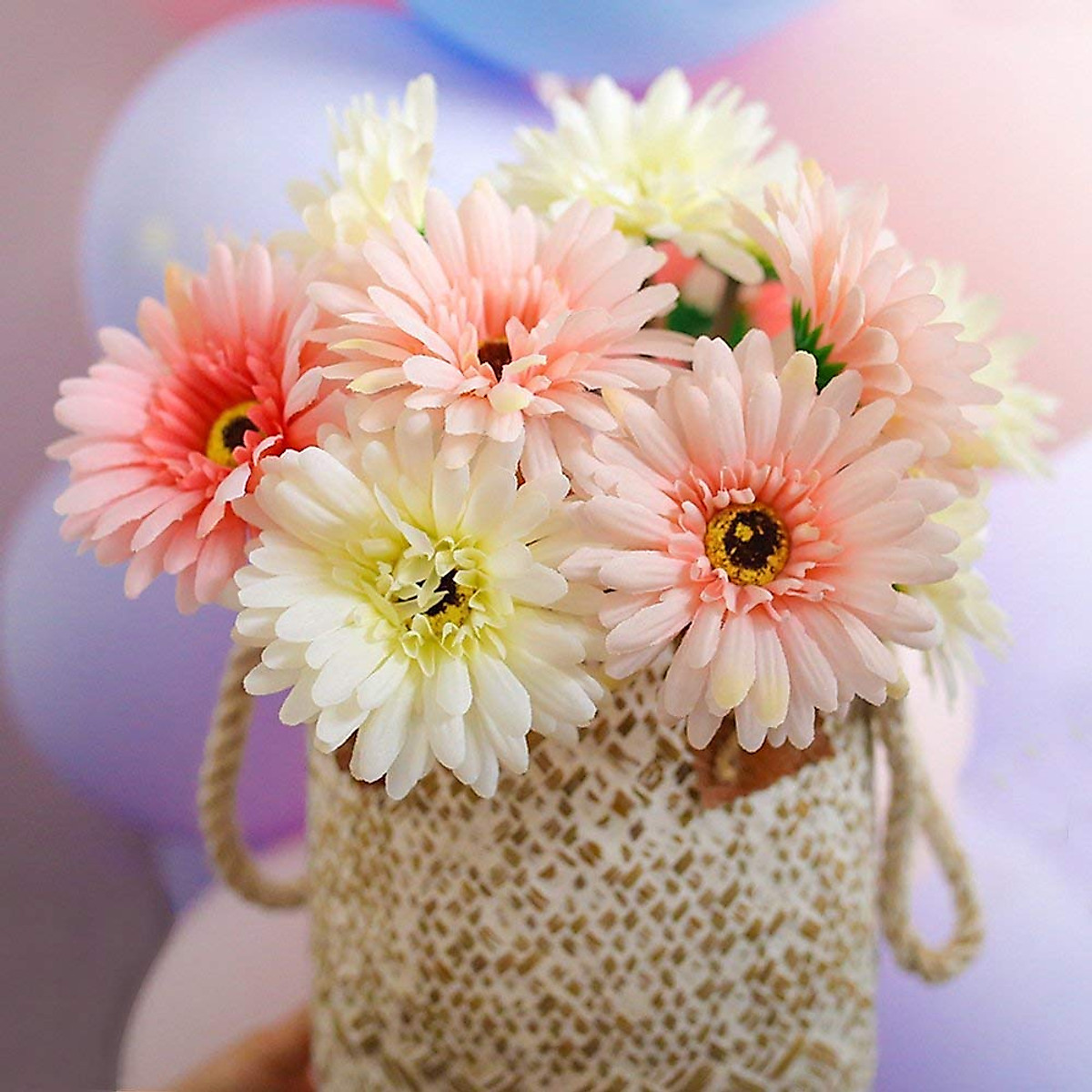 BigOtters Fake Daisy Fake Flowers, 14PCS Faux Gerbera Daisies African Silk Daisy Flowers Artificial for Wedding Bridal Bouquet Party Home Kitchen Decor(Pink and White)