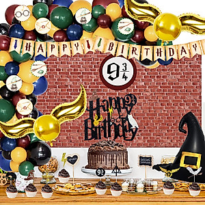 126 PCs Magical Wizard Party Decorations, Fiesec Platform Birthday Party Decorations Red Brick Backdrop Balloon Garland Banner Cake Cupcake Toppers Cutout 4D Golden Snitch Witch Hat Balloon