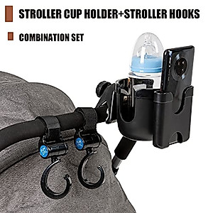 Funbliss Stroller Cup Holder with Phone Holder, Bike Cup Holder,Complimentary 2 Stroller Hooks,Cup Phone Holder for Stroller, Bike, Wheelchair, Walker, Scooter, Black