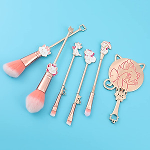 Marie Cartoon Cat Makeup Brushes - 5pcs Cute Animal Designed Soft Pink Makeup Brushes Set, Professional Cosmetic Tool Kit Pink Drawstring Bag Included for Girls and Women (6PCS)
