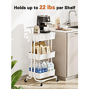 Pipishell 3 Tier Rolling Cart with Table Top, Utility Cart with Wheels & 4 Hooks, Rolling Storage Cart for Home Storage and Organization, White, PIUC09W
