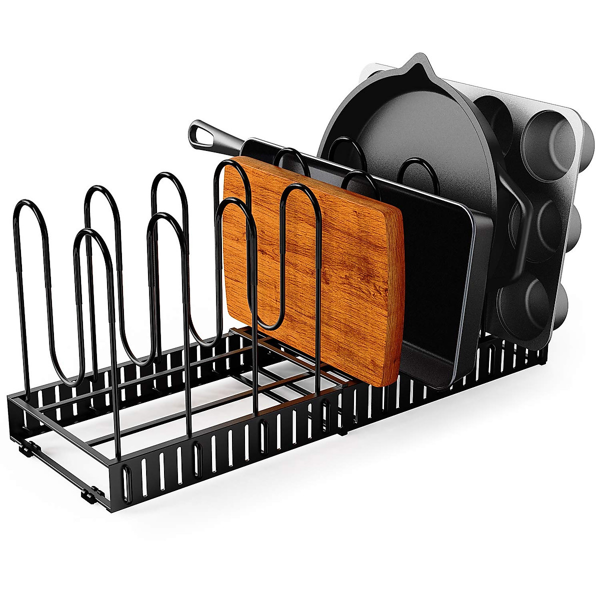 GeekDigg Adjustable Plastic Pot Lid Organizer, Black, 15.7 x 10.2 Inches, Expandable