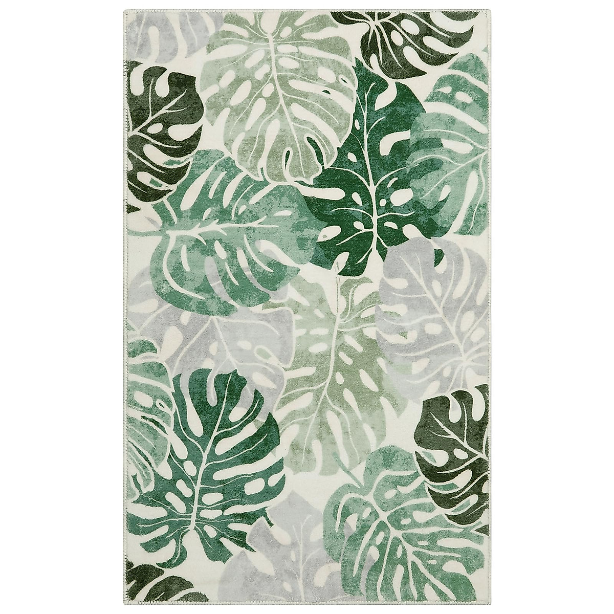 Wonnitar Monstera 3x5 Washable Rug,Sage Green Leaf Area Rugs for Bedroom,Non-Slip Living Room Throw Rug Entry Mat,Low Pile Faux Wool Indoor Carpet for Kitchen Bathroom Office