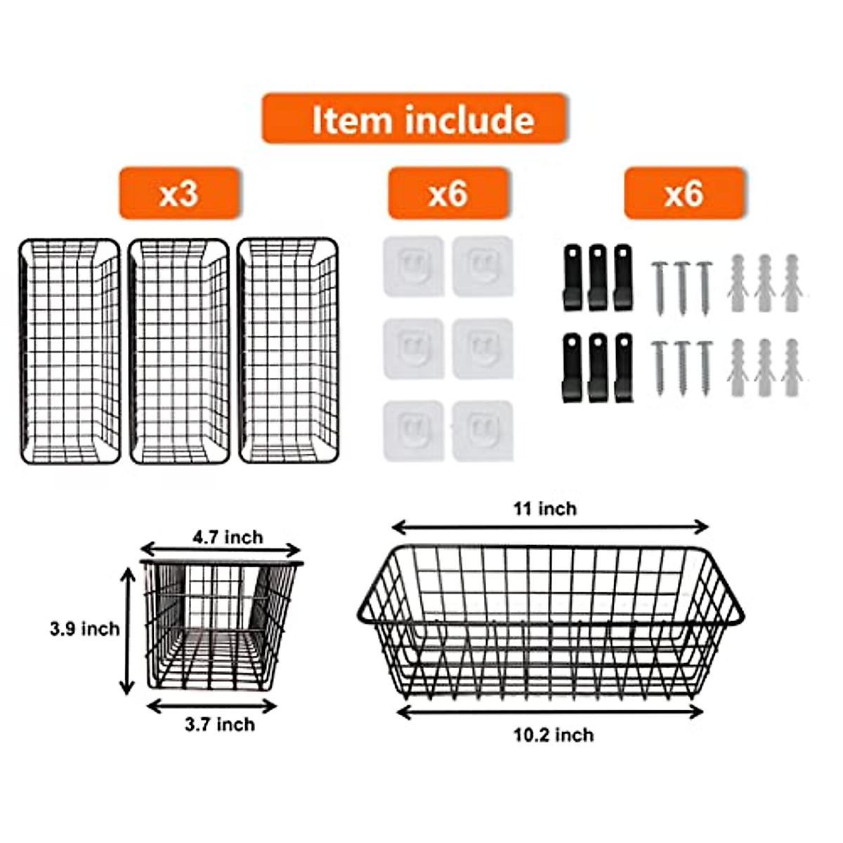 3 Set Hanging Wire Baskets,Wall Mount Fruit Basket,No Drilling,Adhesive Small Metal Basket,Farmhouse Food Storage Mesh Bin Kitchen Pantry Laundry Bathroom Closet Garage RV,Black