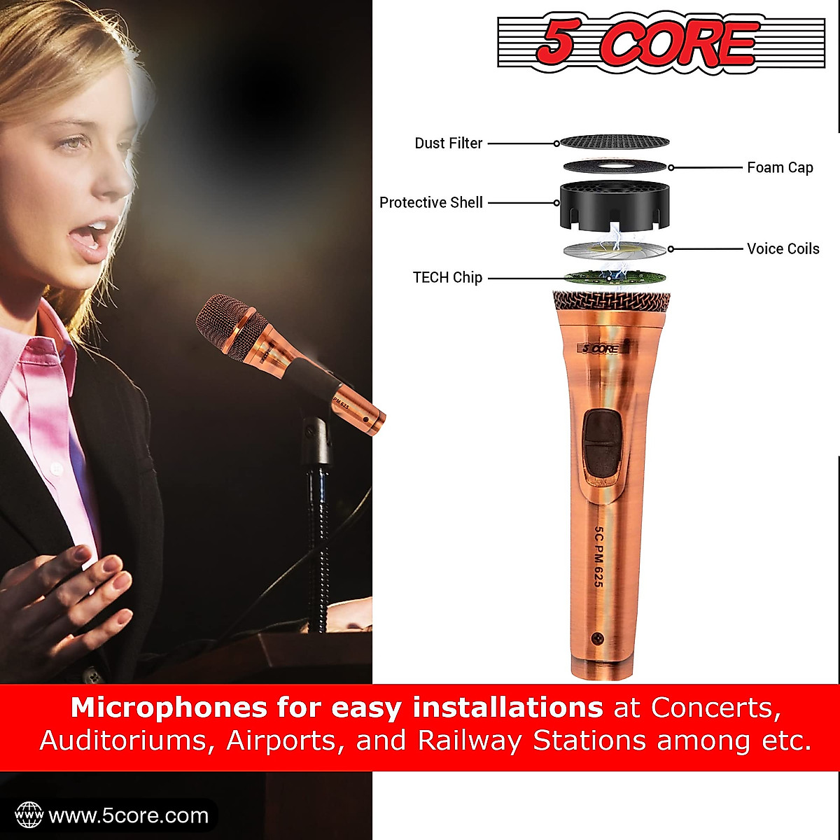 5 CORE Karaoke Microphone Dynamic Vocal Handheld Mic Cardioid Unidirectional Microfono w On and Off Switch Includes XLR Audio Cable for Singing Public Speaking & Parties PM 625