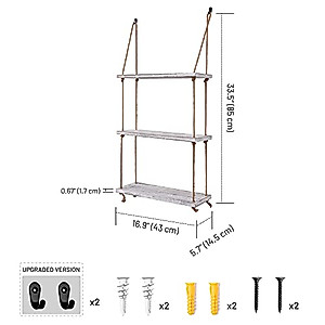 Labcosi 3 Tier Rope Wall Hanging Floating Shelves, Rustic White Wall Shelf, Swing Wood Farmhouse Decor Living Room, Bathroom, Bedroom, and Outdoor