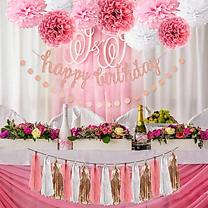 OuMuaMua Pink Rose Gold Birthday Party Decorations Set, Rose Gold Glittery Happy Birthday banner, Tissue Paper Pom, Circle Dots Garland and Tassel Garland for Birthday Party Decorations