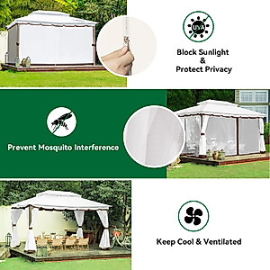 MEWAY Patio Gazebo 10x13 Gazebo with Mosquito Netting Aluminum Outdoor Gazebo Canopy with Curtains for Backyard Lawn Garden Deck, White Brown