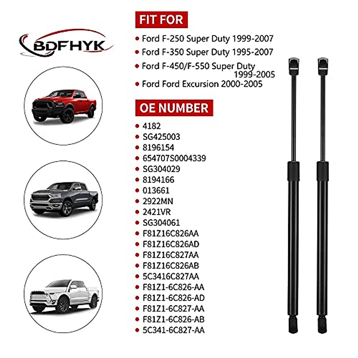 Gas Charged Hood Lift Support Struts for F-250 F-350 F-450 F-550 Super Duty Excursion 1995-2007 4339 Gas Spring strut Shock, 2 PCS