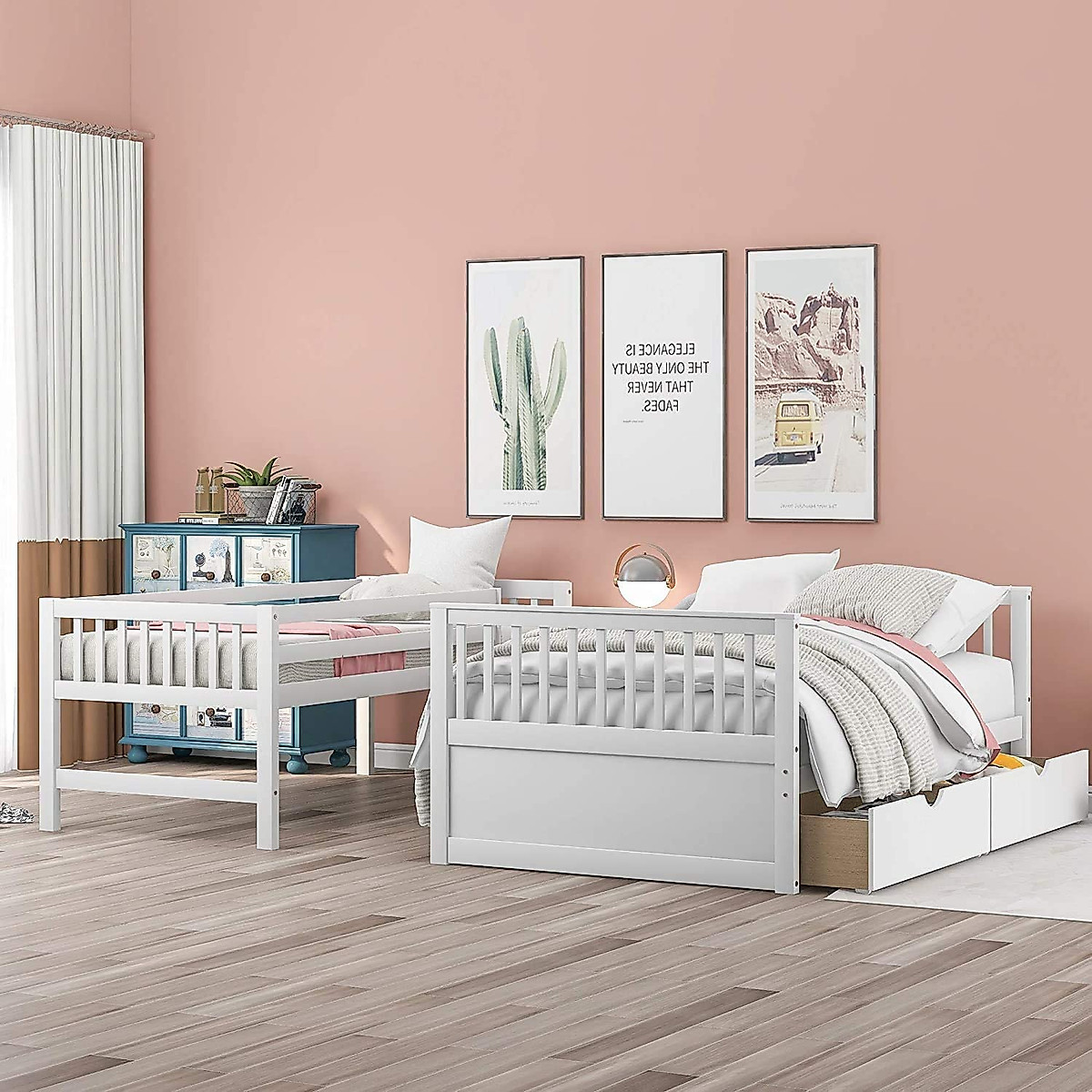 Harper & Bright Designs Bunk Bed with Slide, Twin Over Full Bunk Bed with Stairs,Wood Bunk Bed Twin Over Full Size with Storage Drawers for Kids Teens Girls Boys, No Spring Box Needed, White